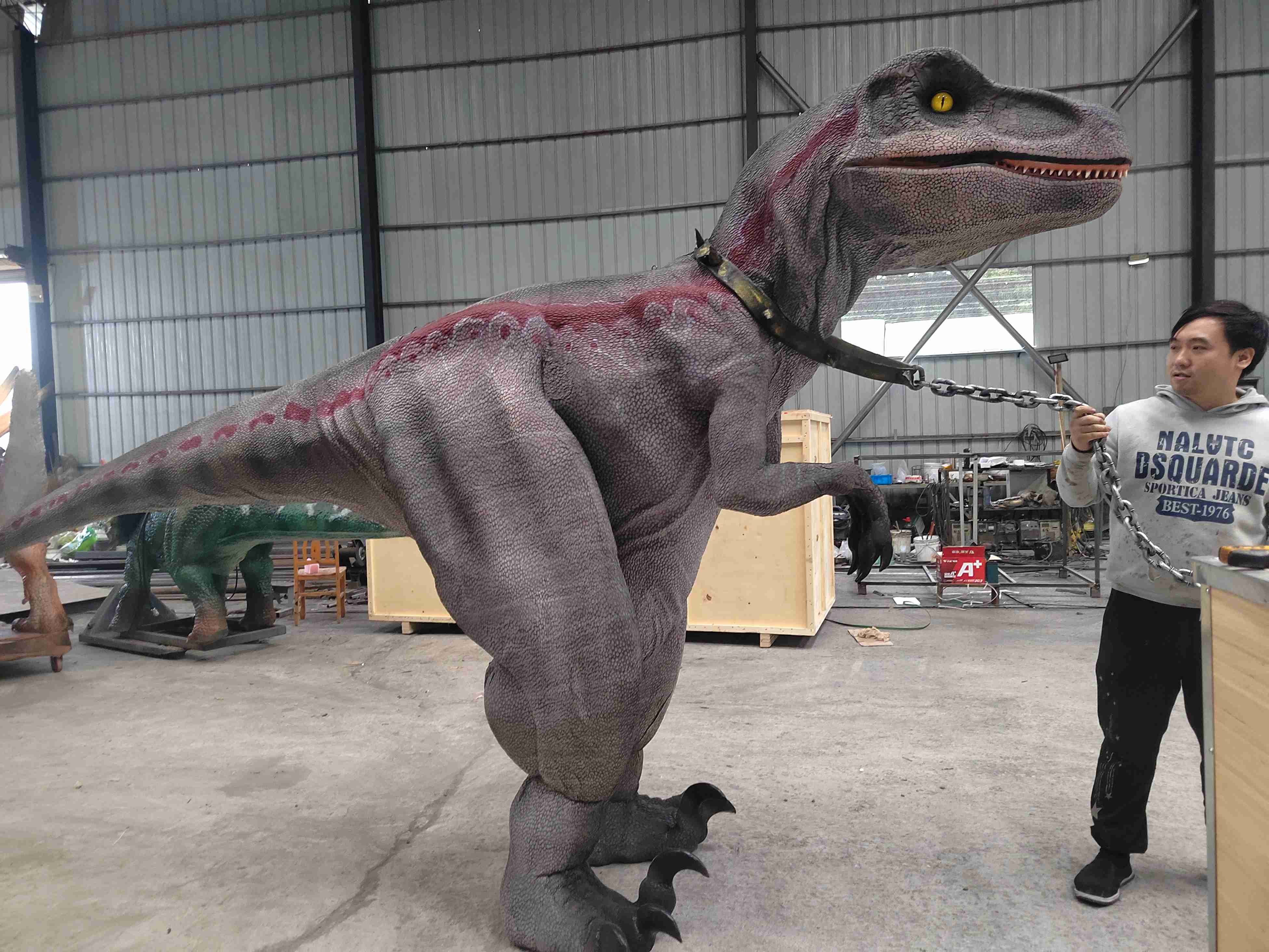 Life Size Red Striped Raptor Costume Smoke Effects